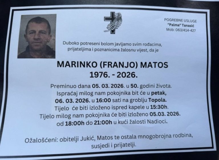 POČIVAO U MIRU: Preminuo 50-godišnjak Marinko Matos, posljednji ...